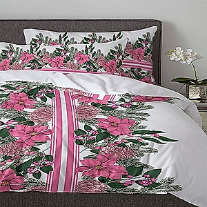 3 Pieces Duvet Cover Set Pink Poinsettia Flower Berries Green Leaf Christmas Bedding Set Queen Size Cozy Comforter Cover with Zipper Closure and Corner Ties,1 Duvet Cover and 2 Pillow Shams