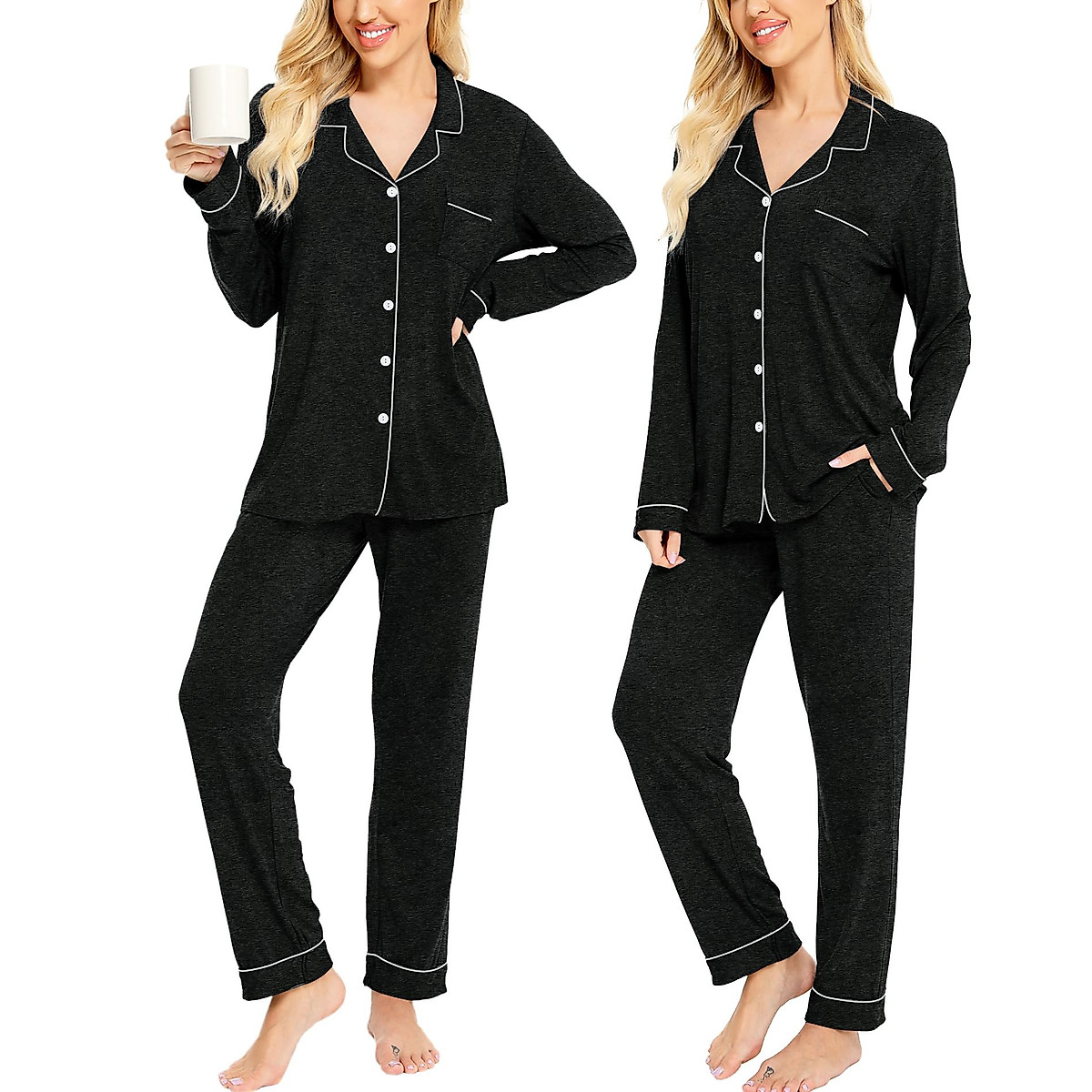 SWOMOG Womens Pajamas Set Long Sleeve Sleepwear Button Down Nightwear Soft Cotton Pj Lounge Sets with Pockets Black