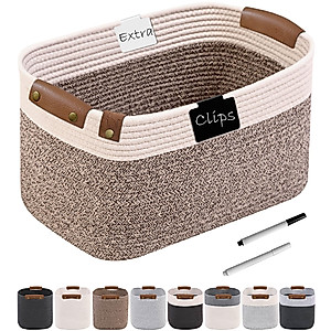 Cotton Rope Baskets for Organizing – Storage Baskets for Shelves | 15"x10"x9" | Rope Basket for Storage, Small Laundry Baskets, Woven Baskets for Storage, Dog Toy Bin, Baby Basket, Creamy White &Brown