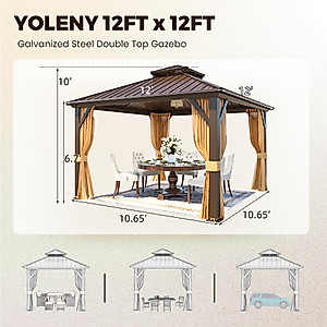 YOLENY 12' x 12' Gazebo, Hardtop Gazebo with Aluminum Frame, Double Galvanized Steel Roof, Curtains and Netting Included, Metal Gazebos Pergolas for Patios, Garden, Lawns, Parties