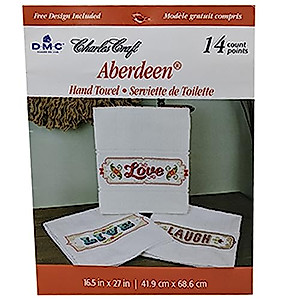 ThingamaJungle Cross Stitch Towels, Set of 2 - Ecru Aberdeen Velour Hand Towels with Ready to Stitch 14ct Aida Band Plus Needleworker Sticker