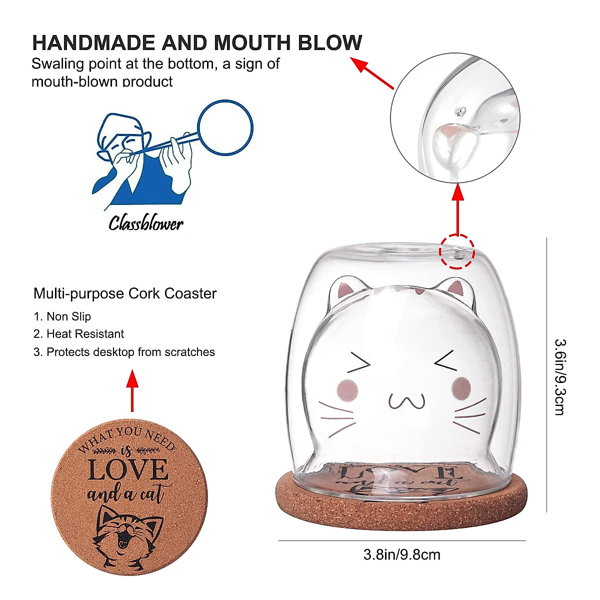 Bgbg Cute Coffee Mug Cat Tea Cup Milk Double Wall Clear Insulated Glass Espresso Mug with Coaster interesting Gift for you