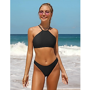 beautyin Womens High Neck Swimsuit Bikini Sets Halter Padded Bathing Suit Black
