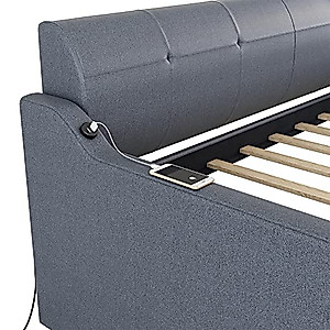 Harper & Bright Designs Twin Size Upholstery Daybed with Adjustable Trundle and USB Charging Design, Wooden Twin Daybed with Pop Up Trundle, No Spring Box Needed, Gray