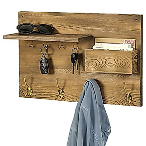 MyGift Wall Mounted Solid Burnt Wood Entryway Key and Mail Holder Organizer Storage Rack with Display Shelf and 8 Hooks