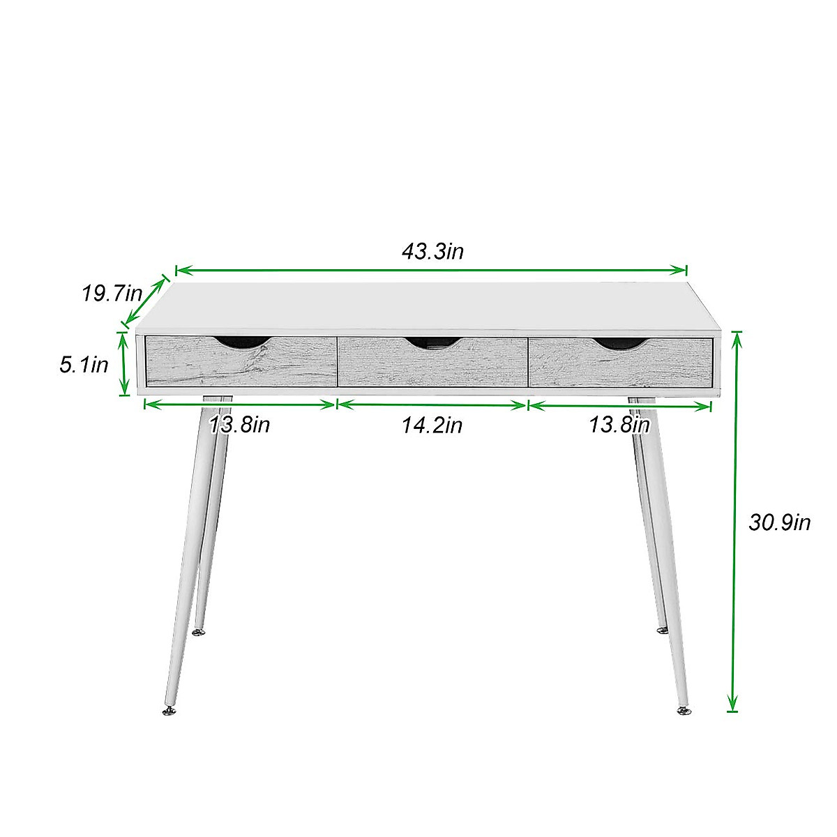 soges Mid Century Desk with Drawers, 3-Drawer Writing Study Desk, 43.3 inches Home Office Computer Desk for Small Space, Multifunctional Vanity Table Desk, White