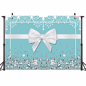 Sensfun Breakfast Blue Sweet 16 Birthday Backdrop Diamonds Bowknot Bridal Breakfast Party Photography Background for Women Girl Teal Turquoise Birthday Baby Shower Decorations Photo Booth Banner 7x5ft