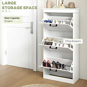 HOMCOM Shoe Cabinet for Entryway, Narrow Shoe Rack Storage Organizer with 3 Flip Drawers and Adjustable Shelves for 15 Pairs of Shoes, White