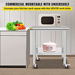 Mophorn Stainless Steel Work Table with Wheels 24 x 30 x 33.8 Inch Prep Table with 4 Casters Heavy Duty Work Table for Commercial Kitchen Restaurant Business