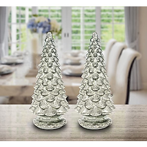 Yomikoo Glass Christmas Tree, 2PCS Lighted Mercury Glass Tabletop Christmas Tree Decoration for Party Ceremony 14.1"X 6.2" (Silver)