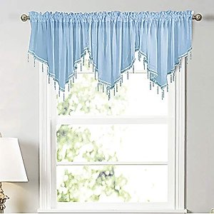 White Sheer Tulle Beaded Valance Curtains 2 Pieces Kitchen Cafe Rod Pocket Swag Window Curtain Valances with Bead Trim for Bedroom Bathroom Nursery Living Room, 51 x 24 Inch Length (Blue)
