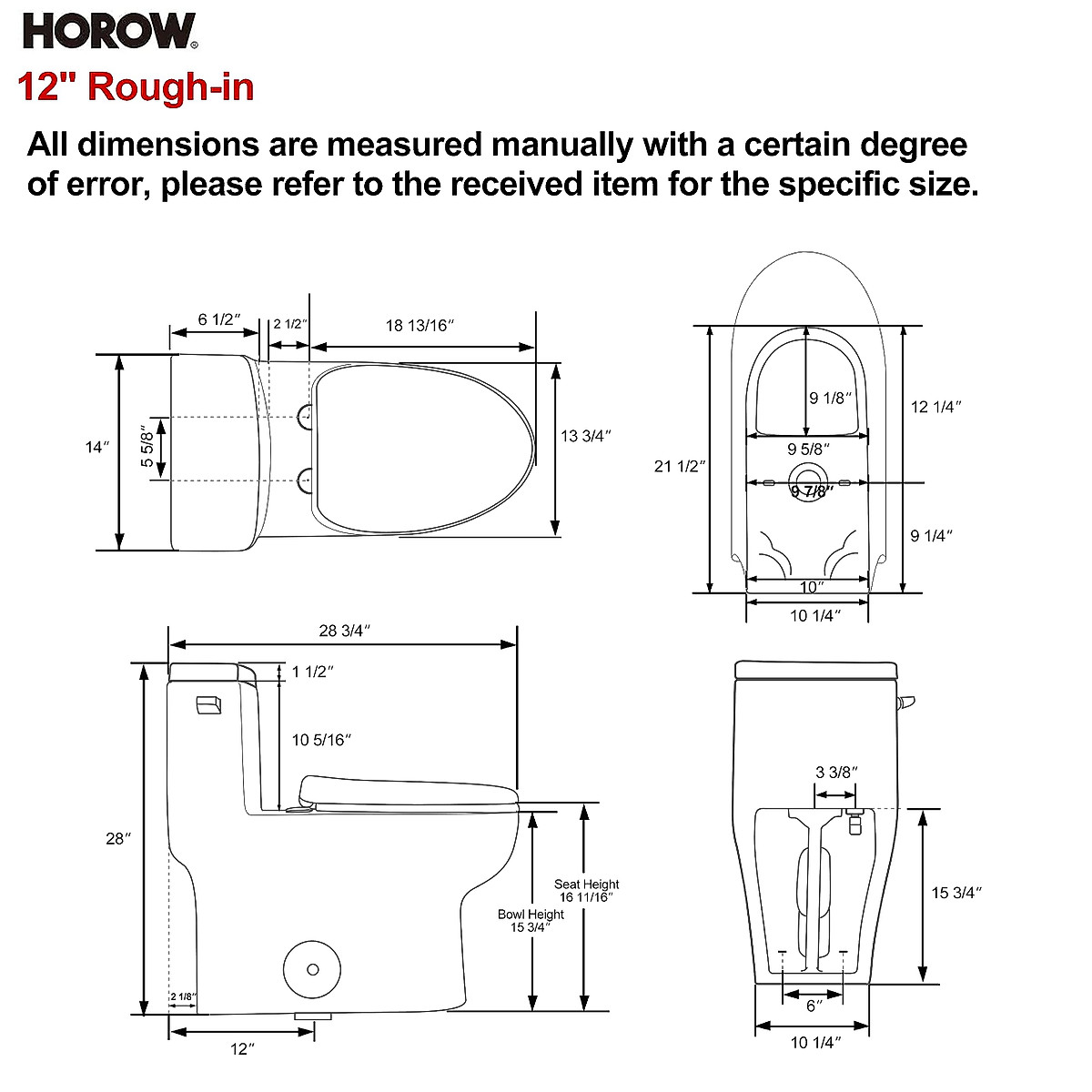 HOROW HR-ST076W Elongated Toilet with Left-Hand Trip Lever, One Piece Toilet for Bathroom, Soft Closing Seat Include, Single Side Flush High Efficiency 1.28 GPF, 12'' Rough-In, White Toilet Bowl