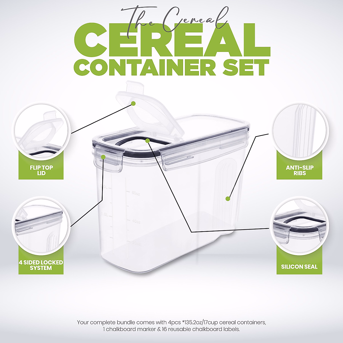 Utopia Kitchen Cereal Containers Storage - Liter Airtight Food Storage Containers & Cereal Dispenser For Pantry Organization And Storage (Clear, 2 Liter Pack of 4)