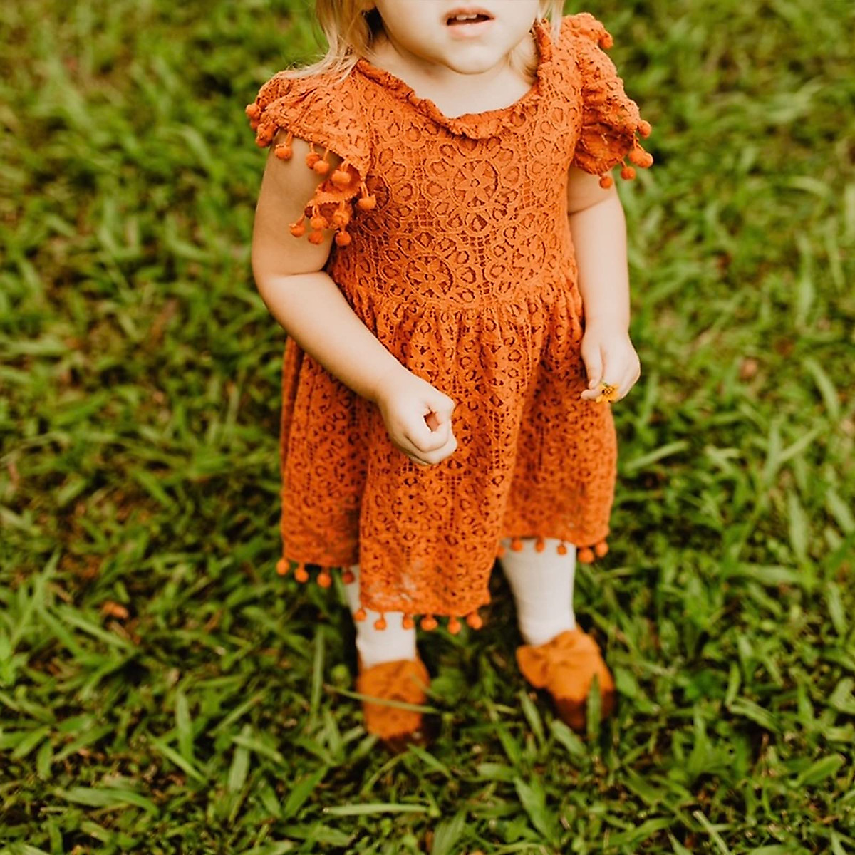 Niyage Toddler Girls Elegant Lace Pom Pom Flutter Sleeve Party Princess Dress Brick Red 100