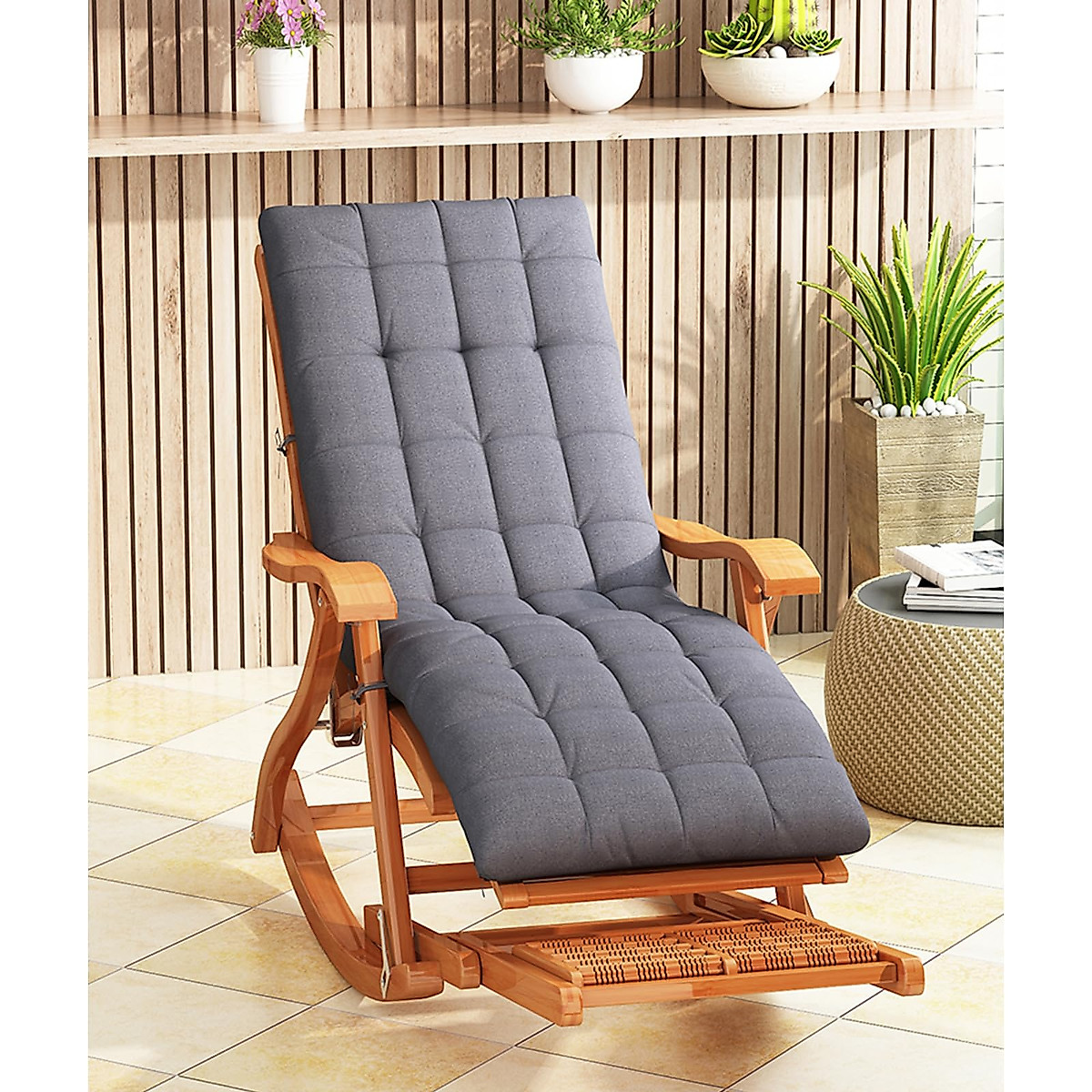 Outdoor Rocking Chair,Foldable Recliner,Bamboo Lounge Chair,Foldable Rocking Chair,Garden Deck Chairs for Elderly,Garden Chair,with Headrest Pillow and Foot Massage Board(Grey)