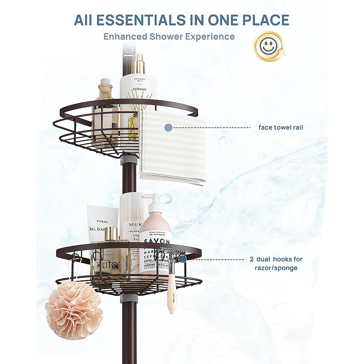 SEIRIONE Rustproof Shower Corner Caddy Organizer for Bathroom,Tension Pole with 4 Baskets, for Bathtub Storage Rack,39.2 to 113 Inch Height, Bronze