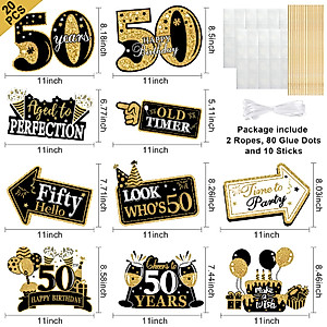 Guiruiy 20Pcs 50th Birthday Decorations for Men Women, Happy 50th Birthday Door Banner, Black Gold 50th Birthday Photo Booth Props, Waterproof Thick Cardboard 50 Bday Party Supplies for Indoor Outdoor