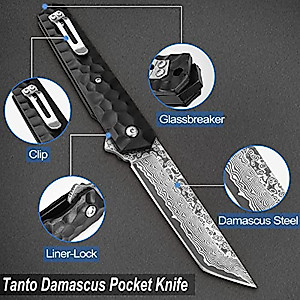 AUBEY Damascus Pocket Knife, Tanto VG10 Core Damascus Steel Folding Knives with Liner Lock, Ball Bearing, Aluminum Alloy Non-Slip Handle and Glass Breaker, EDC Damascus Knife for Men Women (Black)