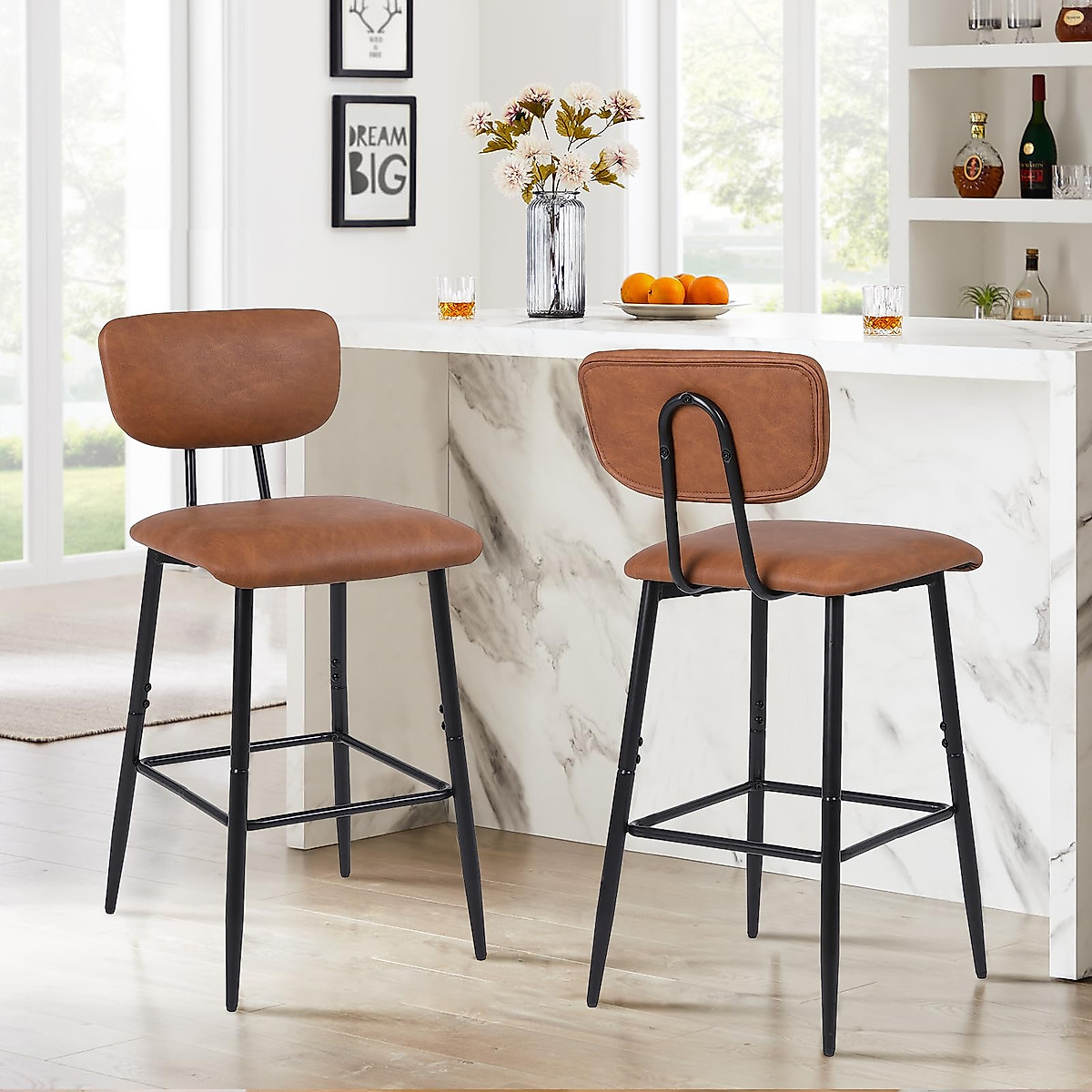 Nusetx Barstools Set of 2, 26 Inch Counter Height Bar Stool Mid-Century - Modern PU Leather Kitchen Island Height Chair with Back & Footrest, Tall Pub Stools for Bar/Counter Metal Legs (2 Pack, Brown)