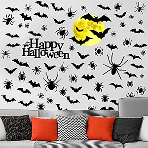 Qeeenar 76 Pcs Halloween Moon Wall Decal Halloween Bat Wall Stickers Vinyl Bat Wall Decals Halloween Removable Halloween Spiders Wall Sticker Halloween Bats Wall Decals Party Decorations, 6 Sheets