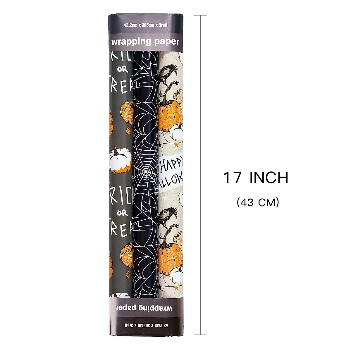 LeZakaa Halloween Wrapping Paper Roll - Mini Roll - Spooky Design with Pumpkins, Ravens, Spider Webs for Gift Wrap, DIY Craft - 17 x 120 inches - 3 Rolls (42.5 sq.ft.ttl.)