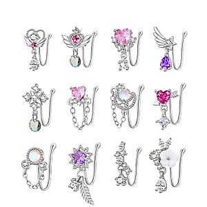 PLOMFOV 12Pcs Fake Nose Ring for Women Dangling Nose Cuffs Faux Clip on Nose Ring for Non Pierced Nose Silver