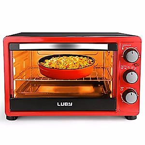 LUBY Convection Toaster Oven with Timer, Toast, Broil Settings, Includes Baking Pan, Rack and Crumb Tray, 6-Slice, Red