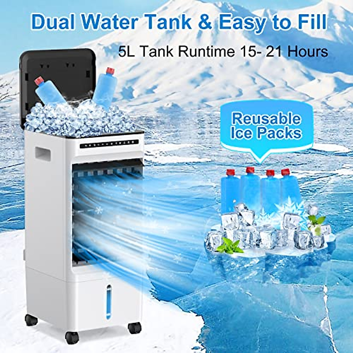 Portable Air Conditioners - 4-IN-1 Air Conditioner Portable for Room, Evaporative Air Cooler w/ 4 Modes, 3 Speeds, 1.32 Gallon Water Tank, 90°Oscillation,7H Timer, Portable Ac for Room Home Office