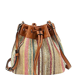 Boho Vegan Leather Multicolor Faux Straw Bucket Shoulder Bag Hobo Tote Crossbody Purse (Multicolored Straw Bucket - Multi3)
