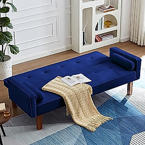 SYING88 Modern Velvet Convertible Futon Sofa and Comfortable Memory Foam Futon Couch Sofa Bed with Arms and 2 Pillows for Living Room Bedroom(Blue)