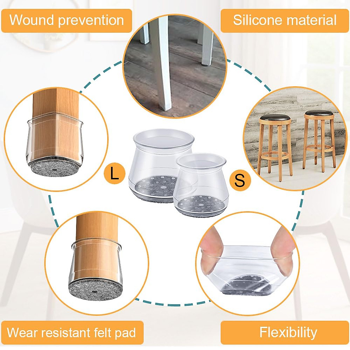 16 Pcs Chair Leg Protectors for Hardwood Floors, Silicone Felt Furniture Pads Non Slip, Free Moving Table Leg Covers, Stool Leg Protectors Caps (Large fit : 1.3'' - 2'')