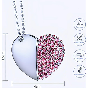 EcooDisk 64GB USB 3.0 Flash Drive Diamond Heart with Necklace Memory Stick High Speed Data Storage Pink