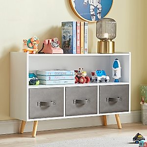 GTOLV Toy Storage Organizer, Kids Bookshelf with Collapsible Fabric Drawers and Pine Legs, Perfect for Organizing Toys and Books in Playroom, Nursery or Children's Room