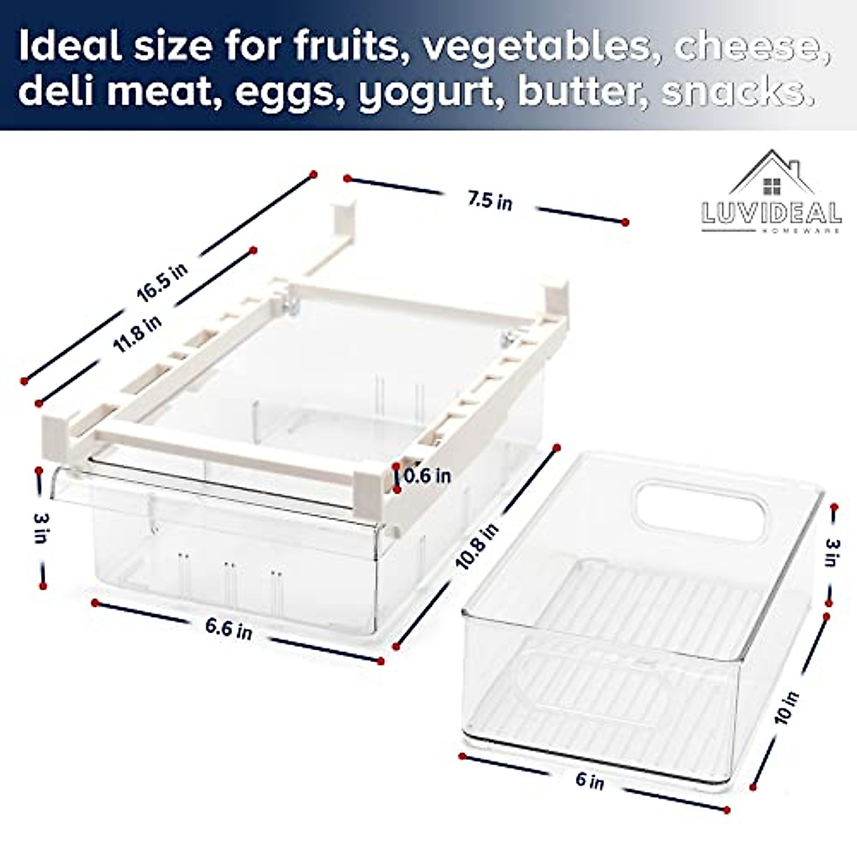 LuvIdeal Fridge Organizer Drawer Combo Set - Refrigerator Drawers, Stackable Fridge Organizer, Pull Out Fridge Drawer, Fridge Shelf Holder Storage Bins, Deli Drawer Cheese, Meat, Butter, Egg, Yogurt