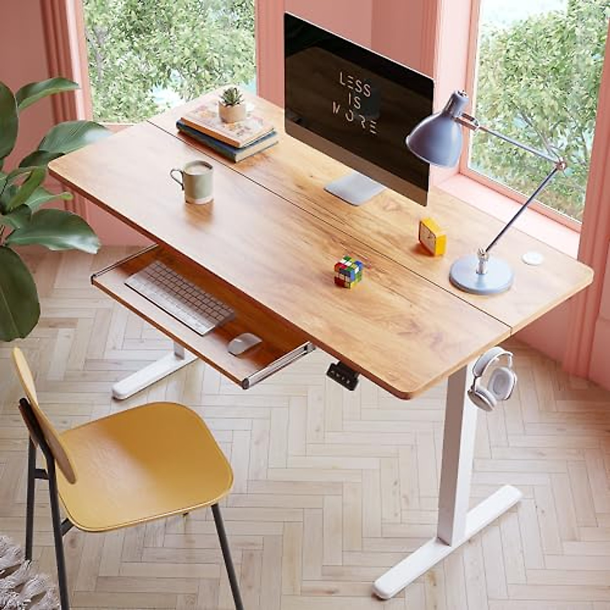 FEZIBO Standing Desk with Keyboard Tray, 55 × 24 Inches Electric Height Adjustable Desk, Sit Stand Up Desk, Computer Office Desk, Light Rustic