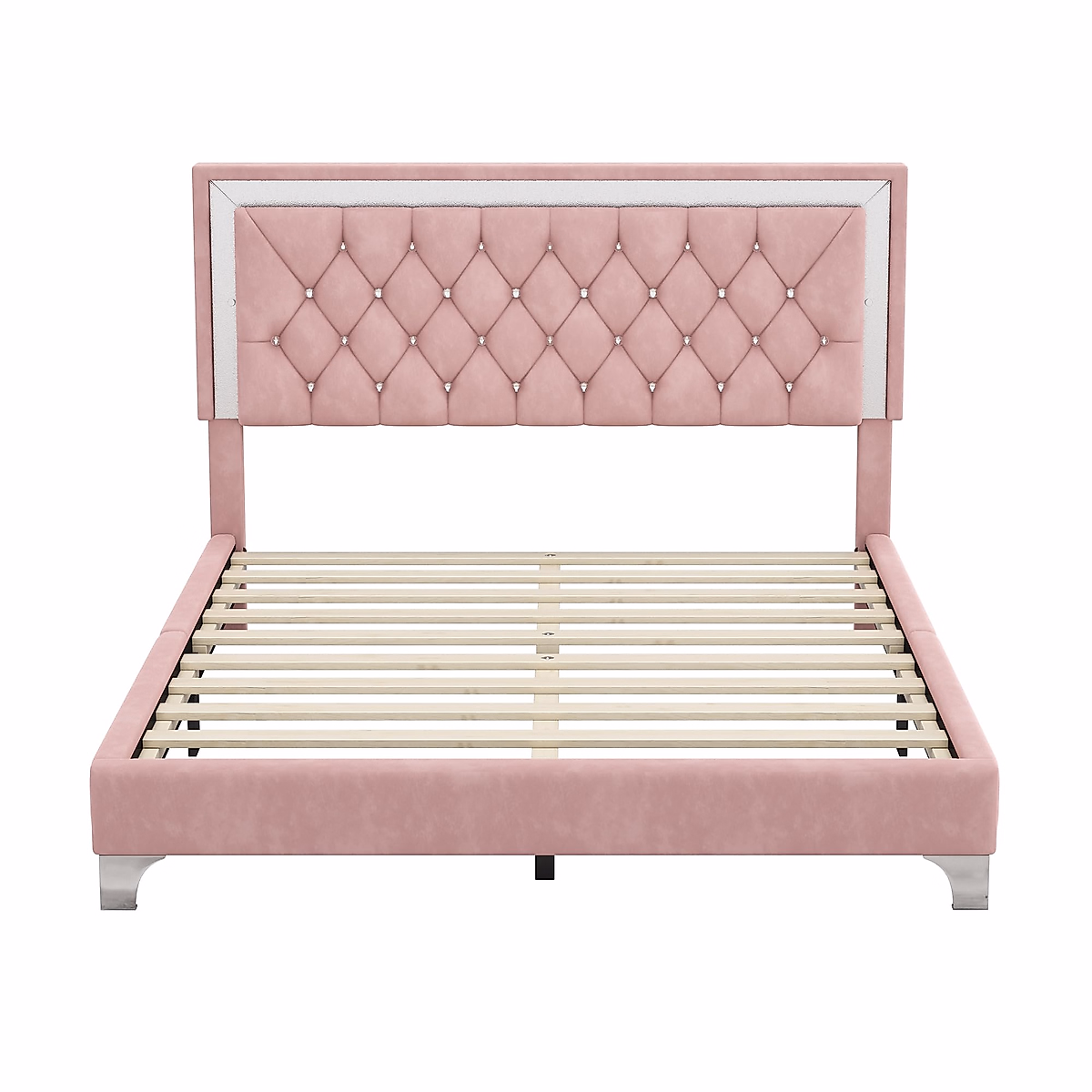 Queen Size Velvet Upholstered Platform Bed Mattress Foundation w/Crystal Tufted Headboard&LED Light for Adult,Low Profile Panel Bed Frame w/Metal Legs&Wooden Slat Support for Bedroom Guestroom (Pink)