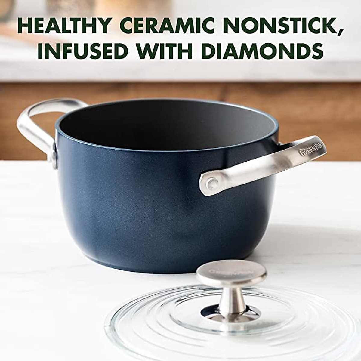 GreenPan Healthy Ceramic Nonstick, 2QT Rice Grains and Soup Maker Caldero Pot with Lid, PFAS-Free, Induction, Dishwasher Safe, Oven Safe, Blue