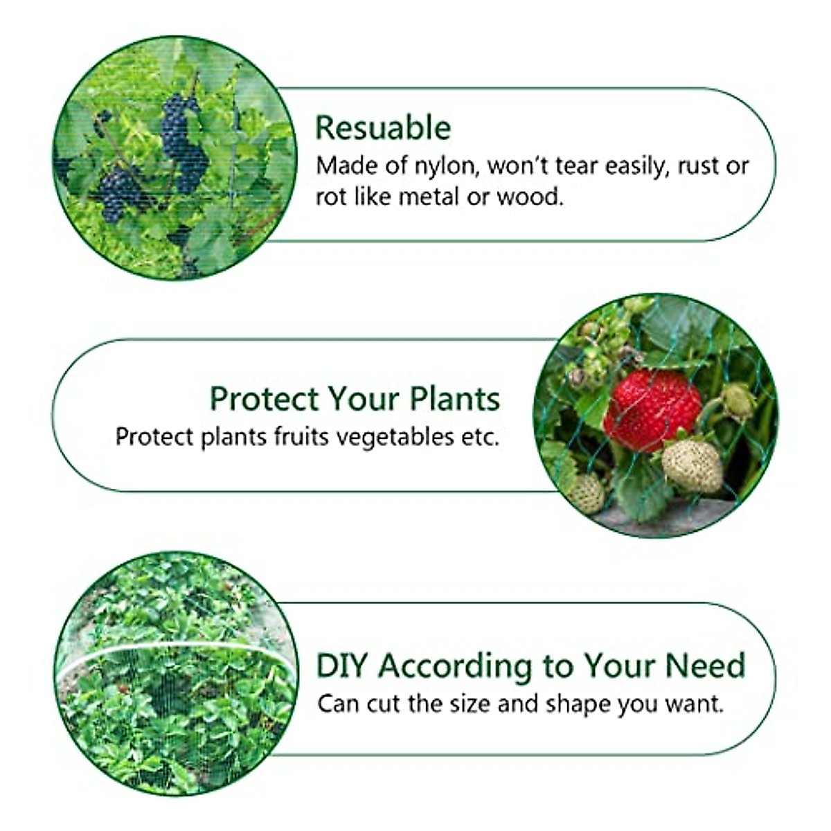 YHmall Bird Netting 13 x 33 Feet, Green Plant Garden Netting Reusable Heavy Duty, Fruit Tree Netting with 50 Pcs Cable Ties Protect Fruit Trees Blueberries Plants and Vegetables from Birds and Animals