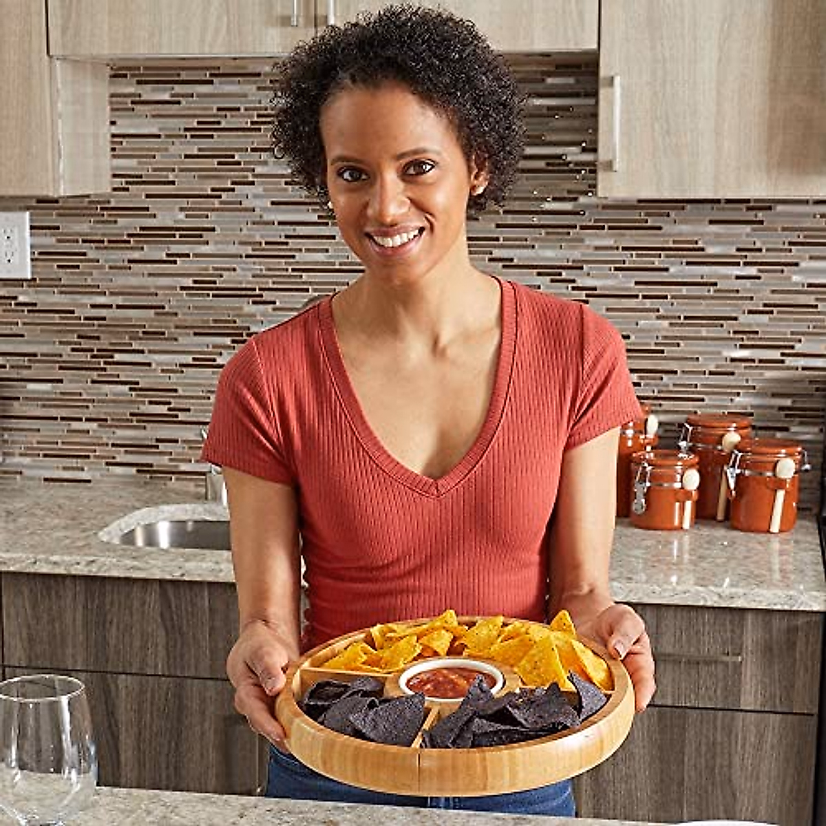 Bamboo Charcuterie Board/Cheese Board Chip and Dip Divided Bowl/Serving Platter with Ceramic Center Bowl/Dip Cup