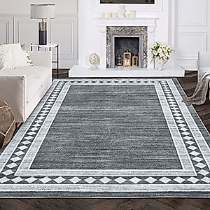 RUGSREAL Large Area Rug 8x10 Solid Rug Grey Bordered Rug Modern Geometric Boho Rug, Anti-Slip Backing Rugs for Living Room, Foldable Machine Washable Area Rug(8'x10', Grey)