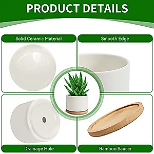 ZOUTOG Succulent Pots, White Mini 3.15 inch Ceramic Flower Planter Pot with Bamboo Tray, Pack of 6 - Plants Not Included
