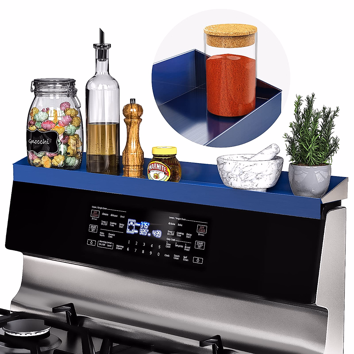 IIIOIIIA Stove Top Magnetic Shelf for Kitchen Organization | 30" No Magnet Spice Rack Over The Stove | 4" Deep Spice Organizer with Border All Around | Brushed Stainless - Blue (Magnets not Included)