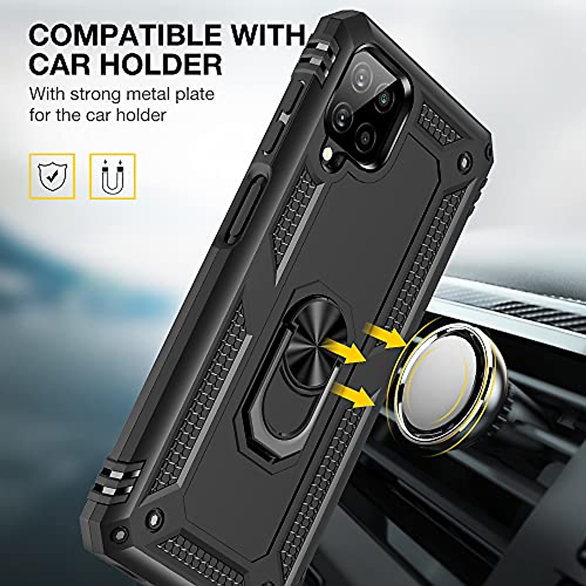 Vakoo Armor Series for Samsung Galaxy A12 Case, 6.5-Inch, with Ring Stand, Military Grade Shockproof Protection, Black