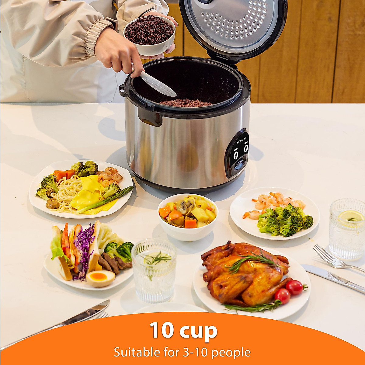 MOOSUM Electric Rice Cooker with One Touch for Asian Japanese Sushi Rice, 10-cup Uncooked, Fast&Convenient Cooker with Steamer, Removable Inner Cover and Auto Warmer, Silver