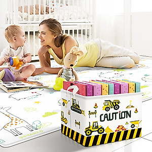 Clastyle Cartoon Construction Cars Shelf Basket for Kids Room Cranes Excavator Bulldozer White Rectangle Clothes Toys Cube Storage Basket, 36L