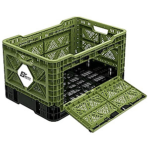 Bigant Heavy Duty Collapsible & Stackable Plastic Milk Crate-Medium Size, Olive, Stackable Open Front Organizer, Set of 1, Snap Lock Foldable Industrial Garage Storage Bin Container Utility Basket