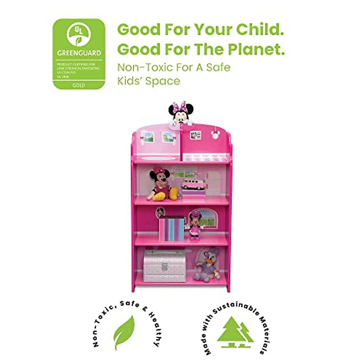 Delta Children Wooden Playhouse 4-Shelf Bookcase for Kids, Minnie Mouse