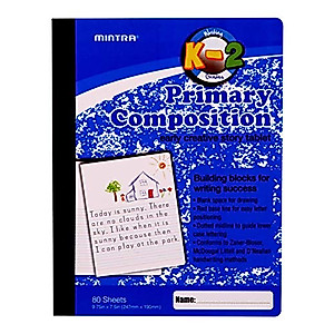 Mintra Office Composition Notebooks, Primary Ruled, (4 Pack, Blue Cover), 80 Sheets. Creative, Hardcover Book, Grade K-2, 7.5in x 9.75in, For School, Home, Business, Office