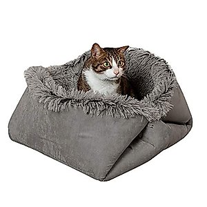 Furhaven Self-Warming Cat Bed for Indoor Cats, 4-Beds-in-1 & Washable - Plush Long Faux Fur Convertible Cuddler - Gray, Large, 35.5"L x 30.0"W x 0.5"Th