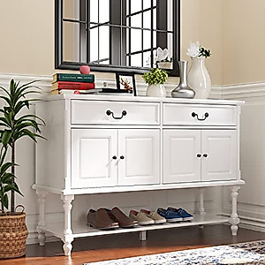 ECACAD Modern Sideboard Buffet Storage Cabinet with Drawers, Shelves & Carved Legs, Entryway Console Cabinet for Kitchen, Living Room, White (47.2”L x 15.7”W x 31.9”H)